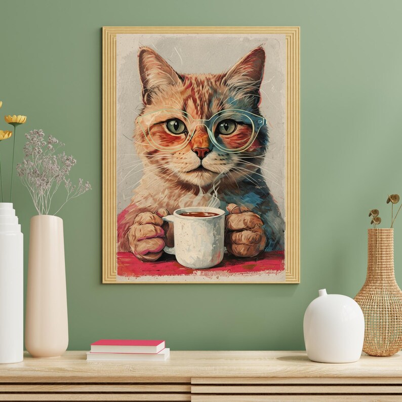 Cat Drinking Coffee Wall Art Cat Coffee Print Tabby Cat Print Cat Cafe ...