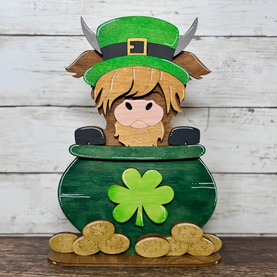 St. Patrick's Day Highland Cow Decor | Wooden Cow in Pot of Gold ...