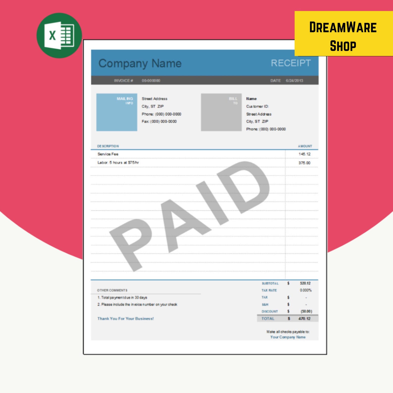 Invoice Receipt Template Billing Slip 10 in 1 Easy to Edit in Microsoft ...