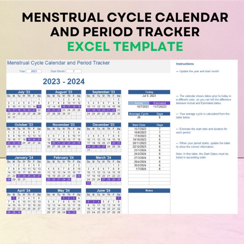 Menstrual Cycle Calendar and Period Tracker Excel Template Automated ...