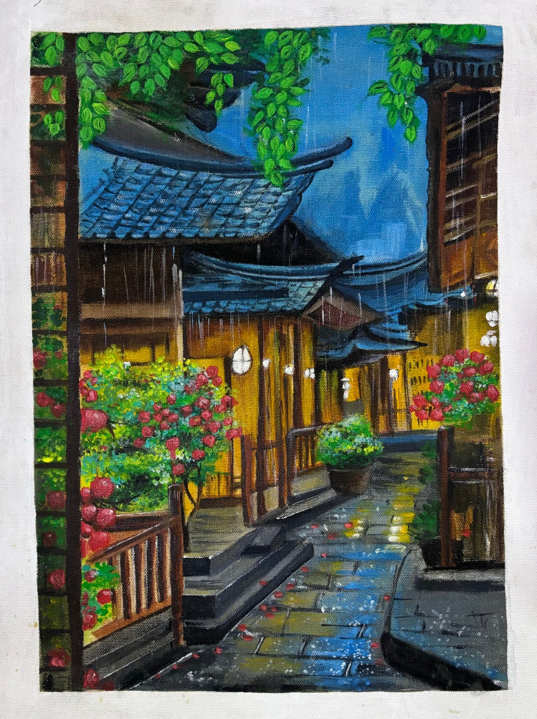 This Painting Depicts a Beautiful Scenery of a Village With Beautiful ...