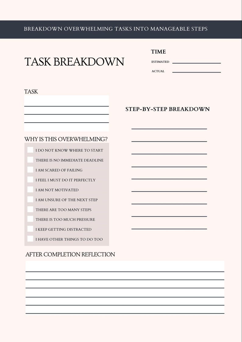 Task Breakdown Worksheet | ADHD Printable | Overcoming Overwhelm | Task ...