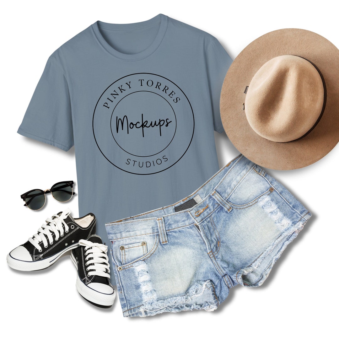 Gildan 64000 Stone Blue T-shirt Mockup, Unisex Softstyle T-shirt ...