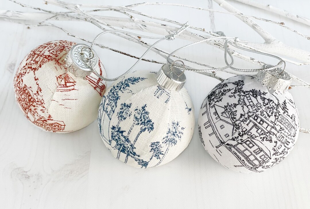Toile Coastal Christmas Ornaments: Round Balls Handmade With Beach ...