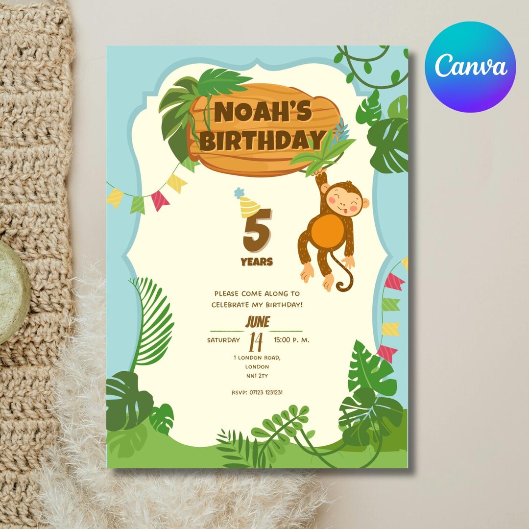 Sjabloon verjaardagsuitnodiging Monkey Jungle – bewerkbare canva ...