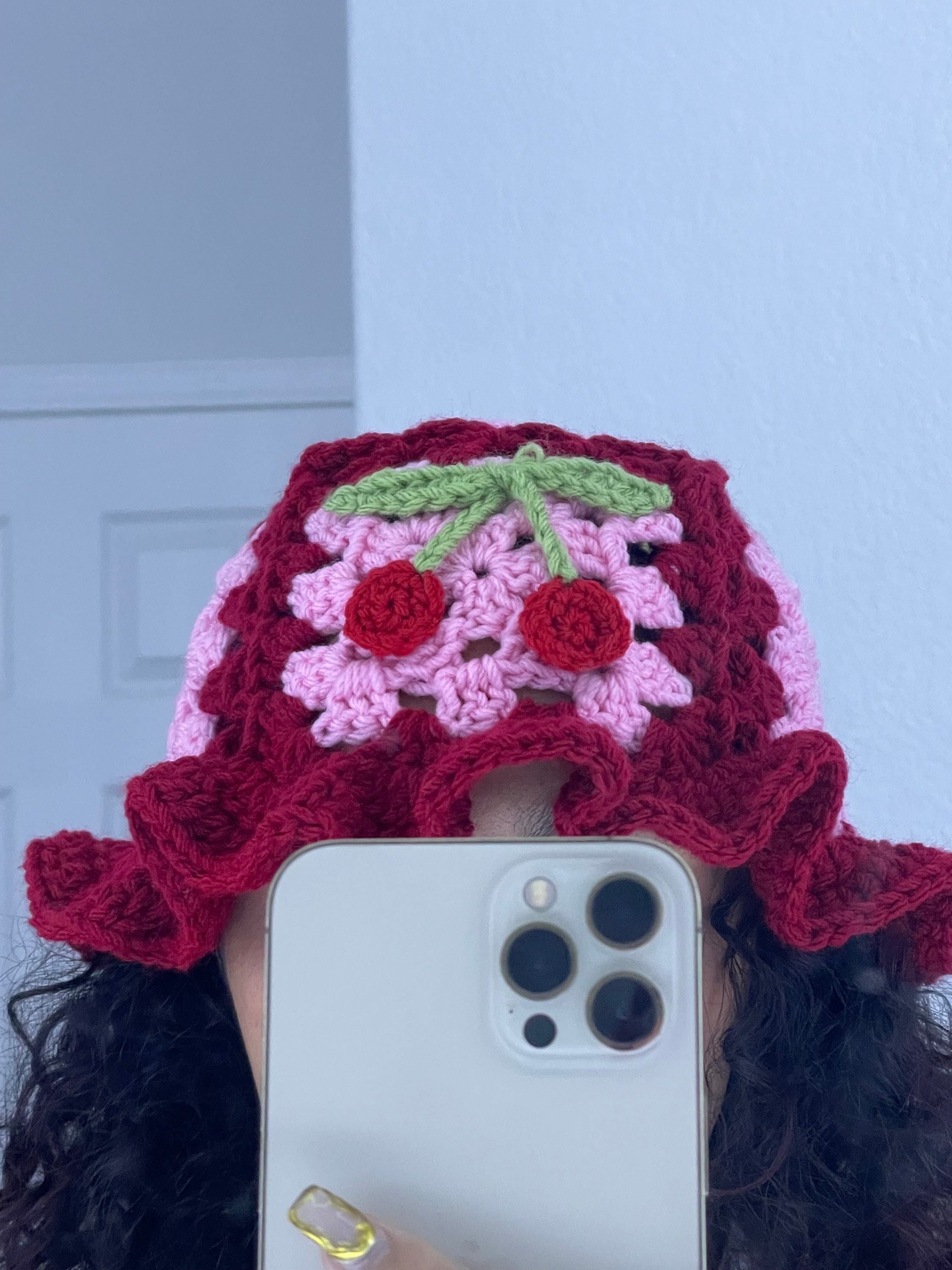 Crochet Cherry Granny Square Ruffle Bucket Hat, Crochet Ruffle Bucket ...