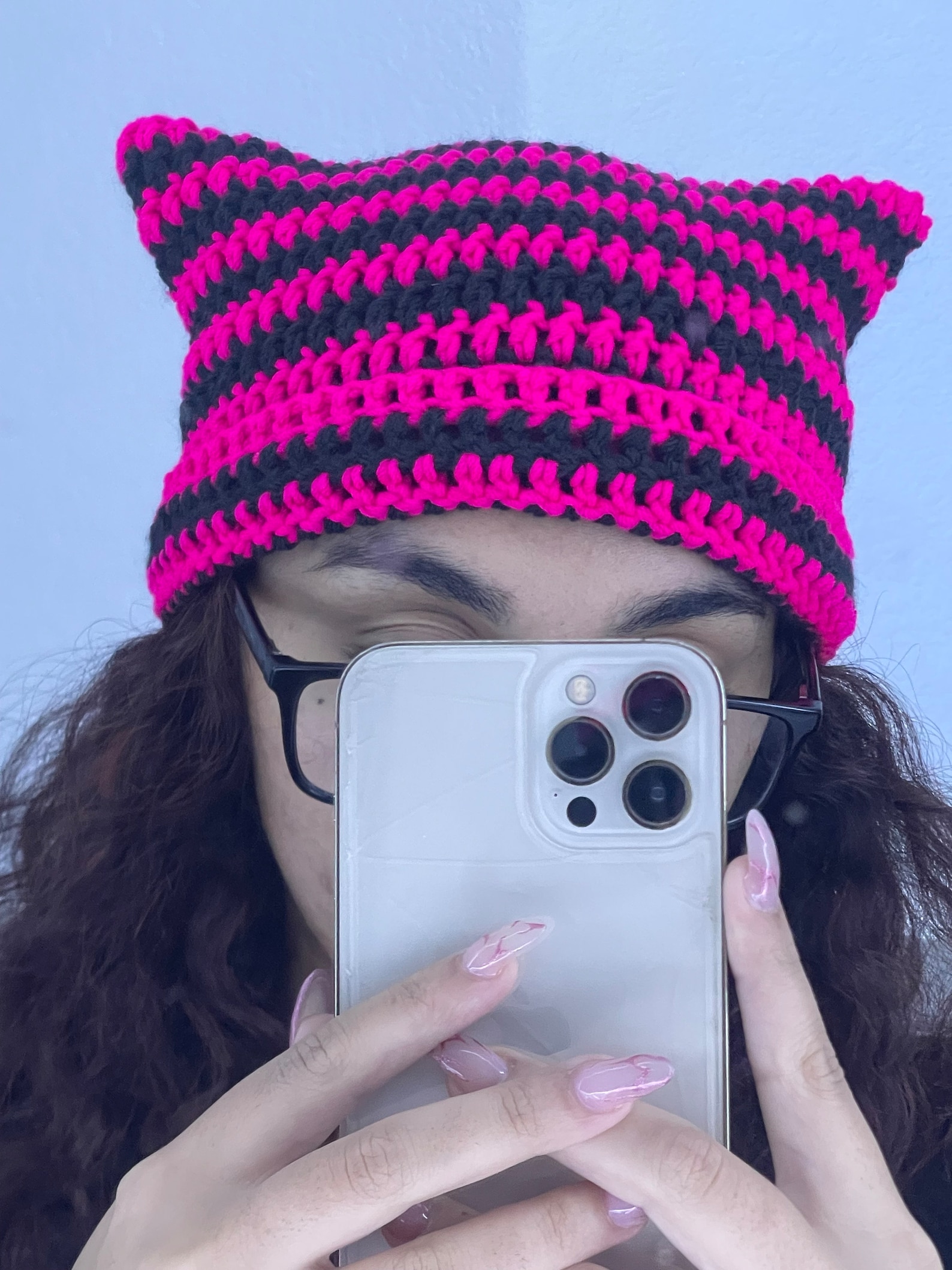 Hot Pink and Black Crochet Cat Ear Beanie - Etsy