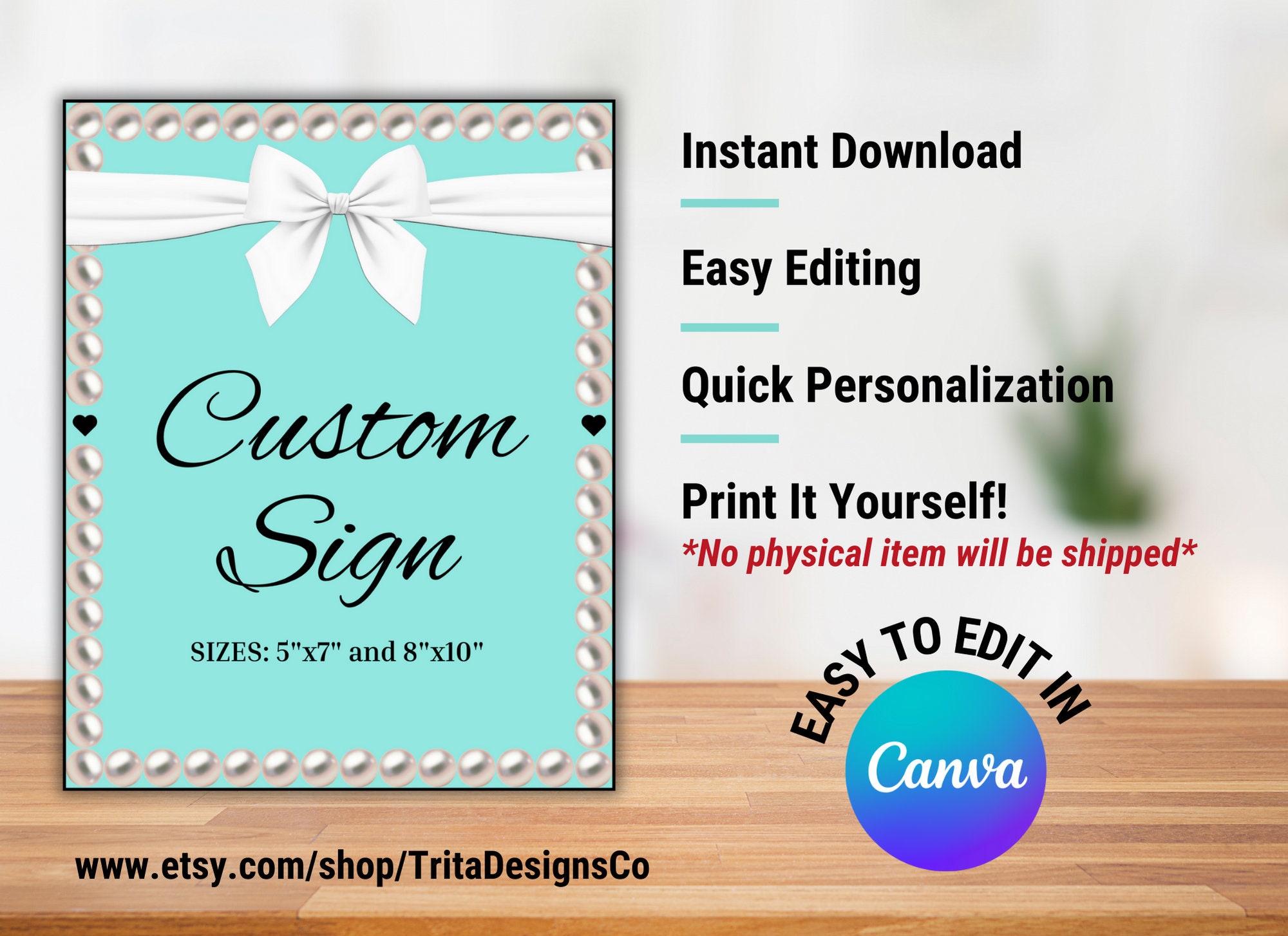 Editable: 5"x7" and 8"x10" Custom Signs. Turquoise and White Bow for ...