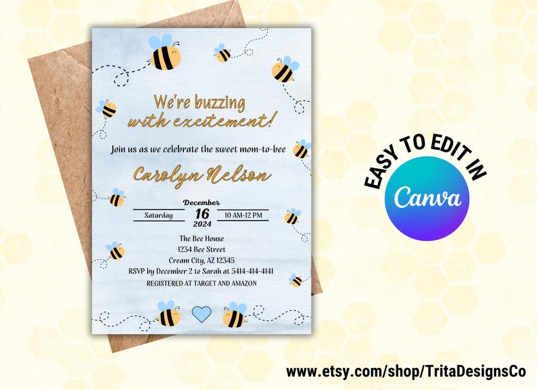 Editable: Buzzing With Excitement Blue Bumble Bee Baby Shower ...