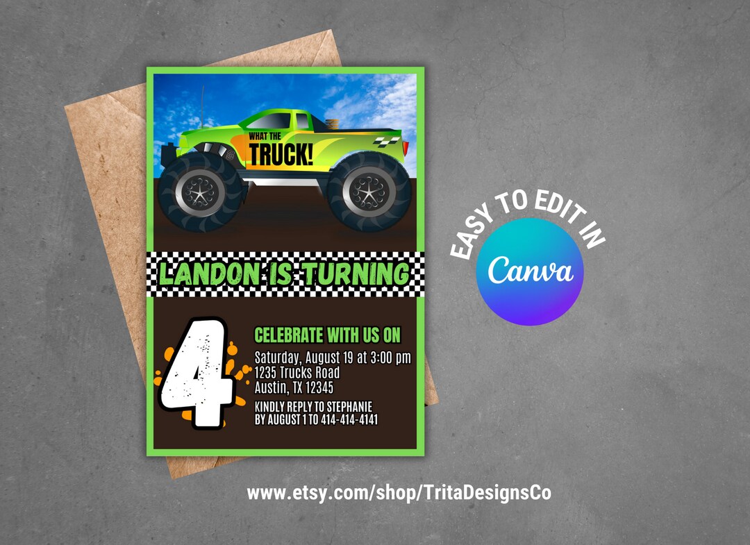 Editable: Monster Truck Birthday Digital Invitation Template. Print It ...