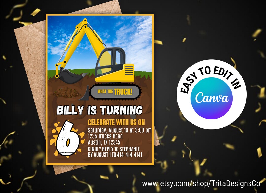 Editable: Excavator Truck Birthday Digital Invitation Template. Print ...