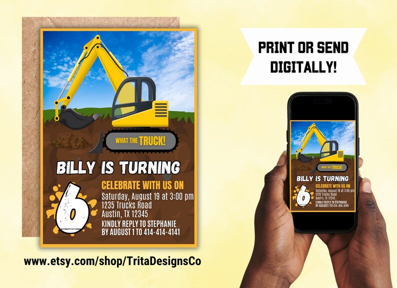 Editable: Excavator Truck Birthday Digital Invitation Template. Print ...