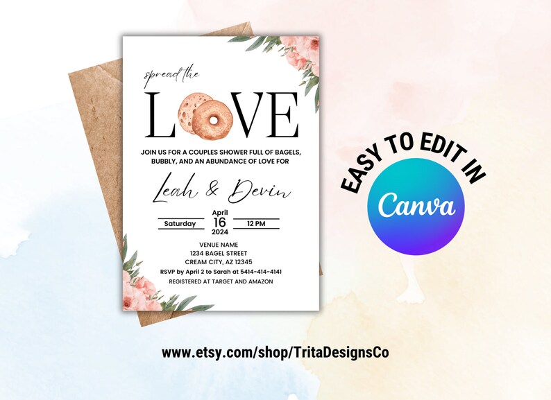 Editable: Spread the Love Pink Floral Bagels & Brunch Wedding Bridal ...