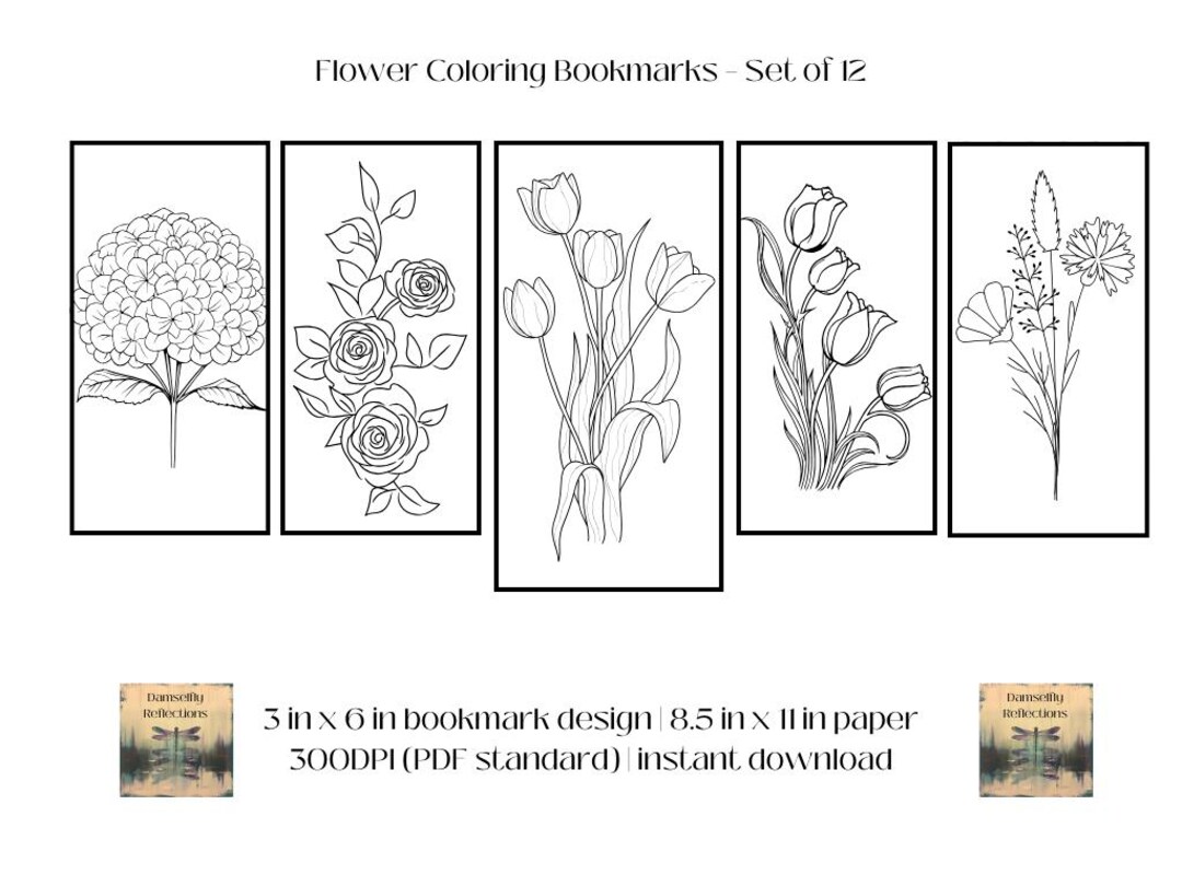 Printable Flower Bookmarks to Color - Set of 12, 3in X 6in, Black and ...