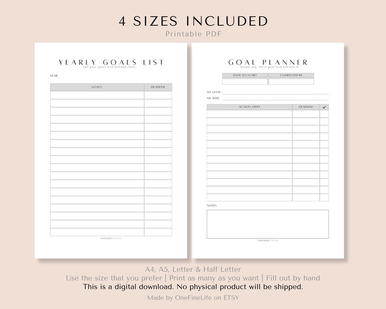 Yearly Goals List I Goal Planner | Goal Setting Planneri A4/a5/letter ...