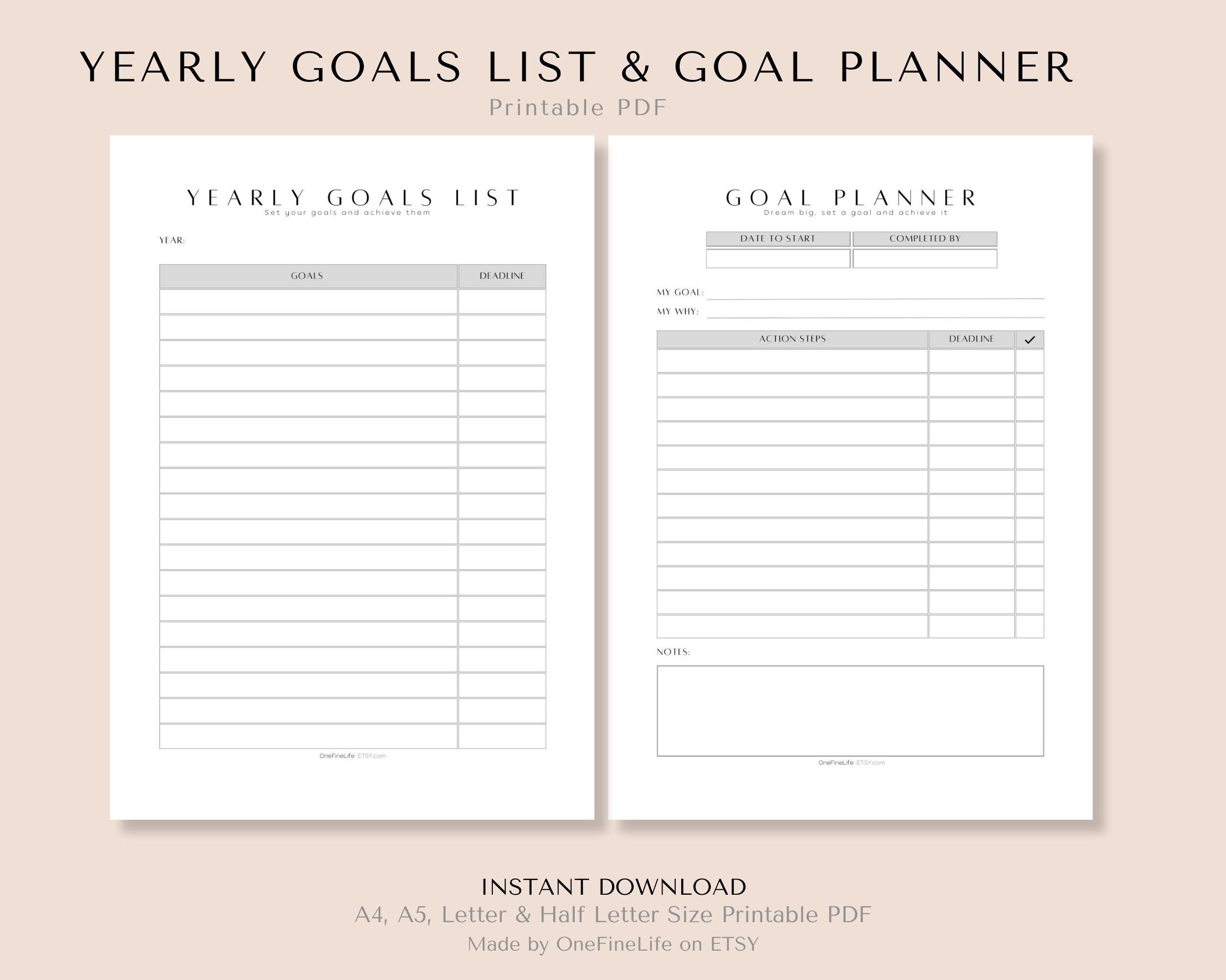 Yearly Goals List I Goal Planner | Goal Setting Planneri A4/a5/letter ...