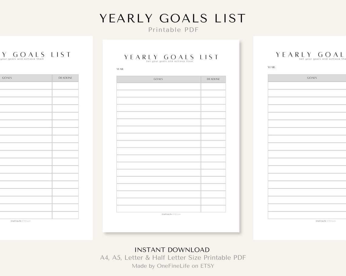 Yearly Goals List Printable| Goals Setting Printablei Goals Planner| A4 ...