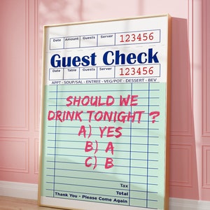 Guest Check Print Funny Bar Cart Wall Art Digital Download Pink Kitchen ...