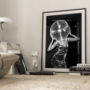 Female Disco Ball Head Wall Art Surrealism Mirrorball Poster Black ...