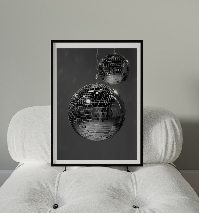 Hanging Disco Ball Poster Black and White Bar Cart Decor Retro ...