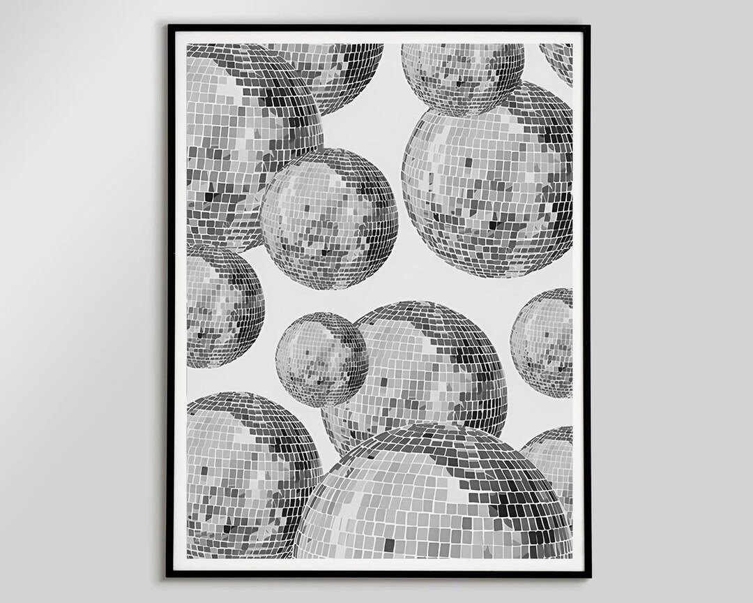 Black and White Groovy Disco Ball Poster Retro Bar Cart Wall Art ...
