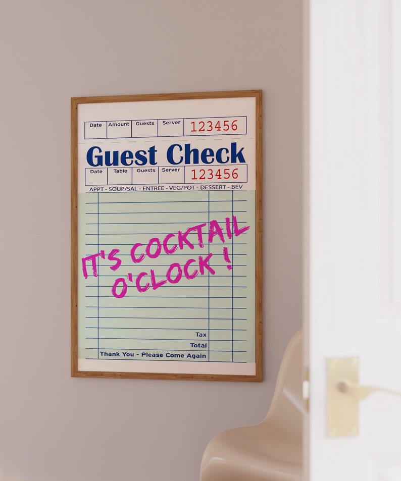 It's Cocktail O'clock Guest Check Poster Funny Cocktail Saying Funky ...