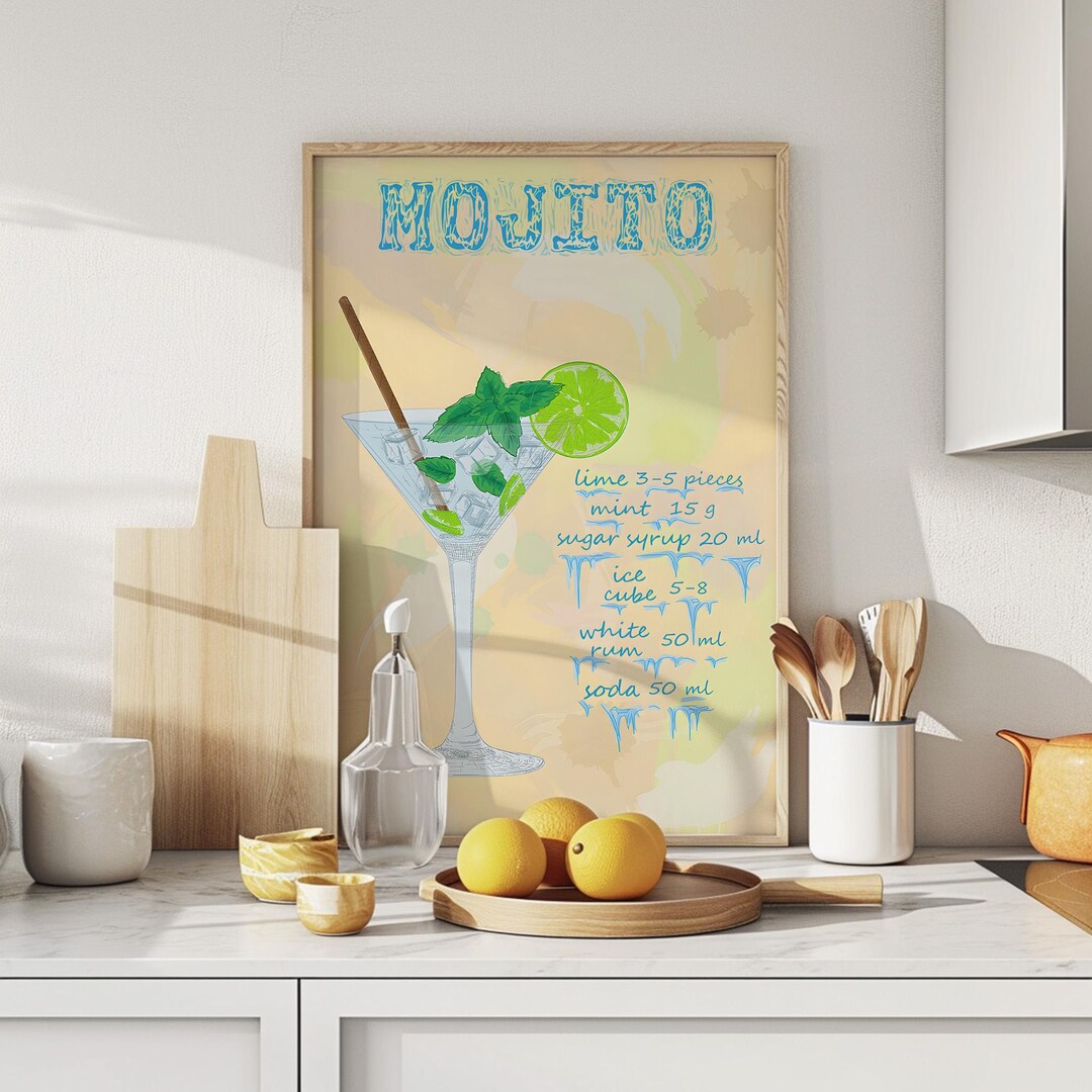 Mojito Recipe Printable Kitchen Prints Mojito Cocktail Poster Bar Cart ...