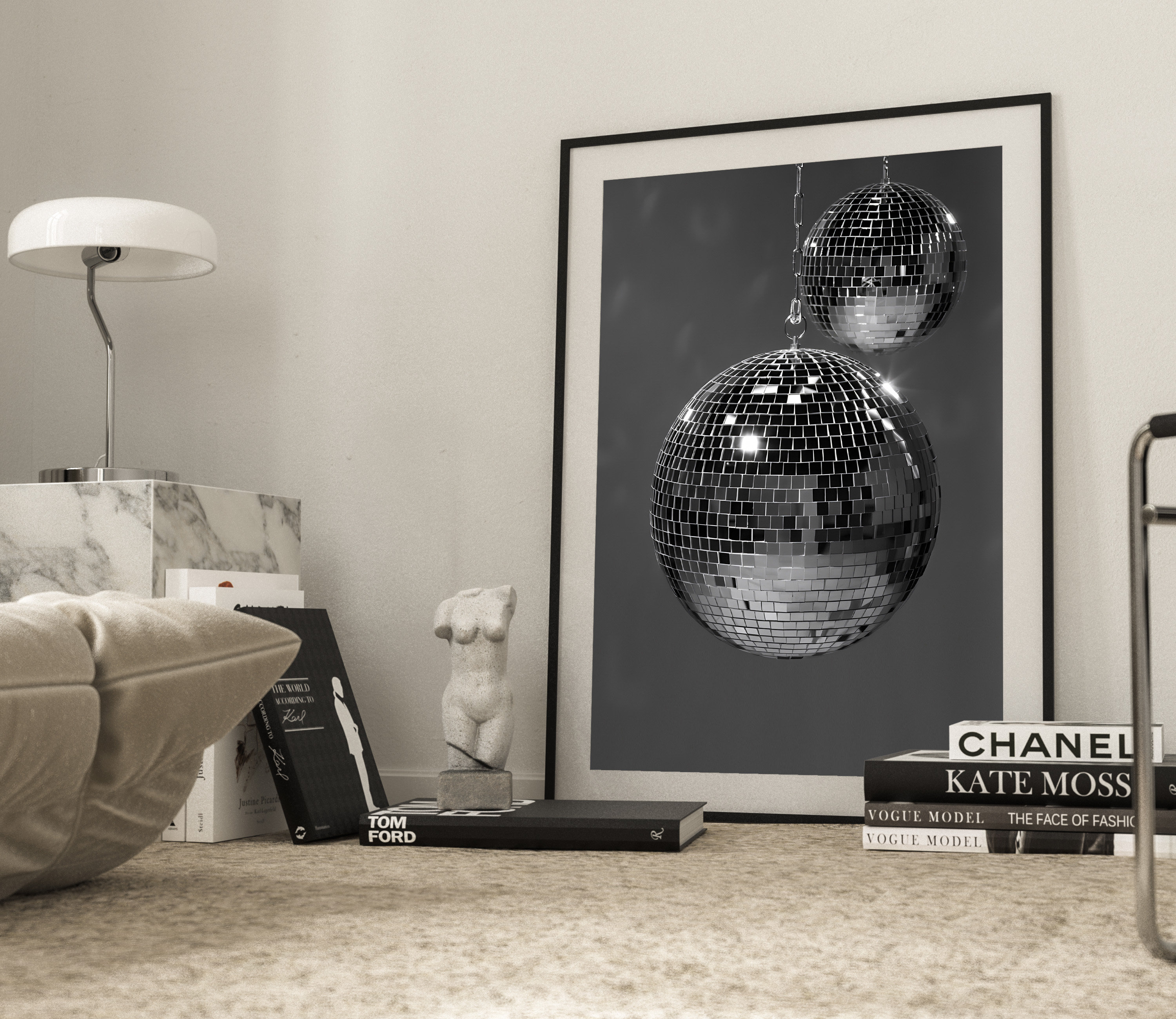 Hanging Disco Ball Poster Black and White Bar Cart Decor Retro ...
