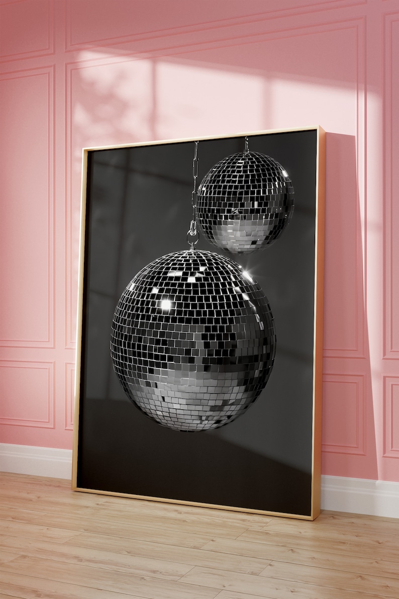 Hanging Disco Ball Poster Black and White Bar Cart Decor Retro ...