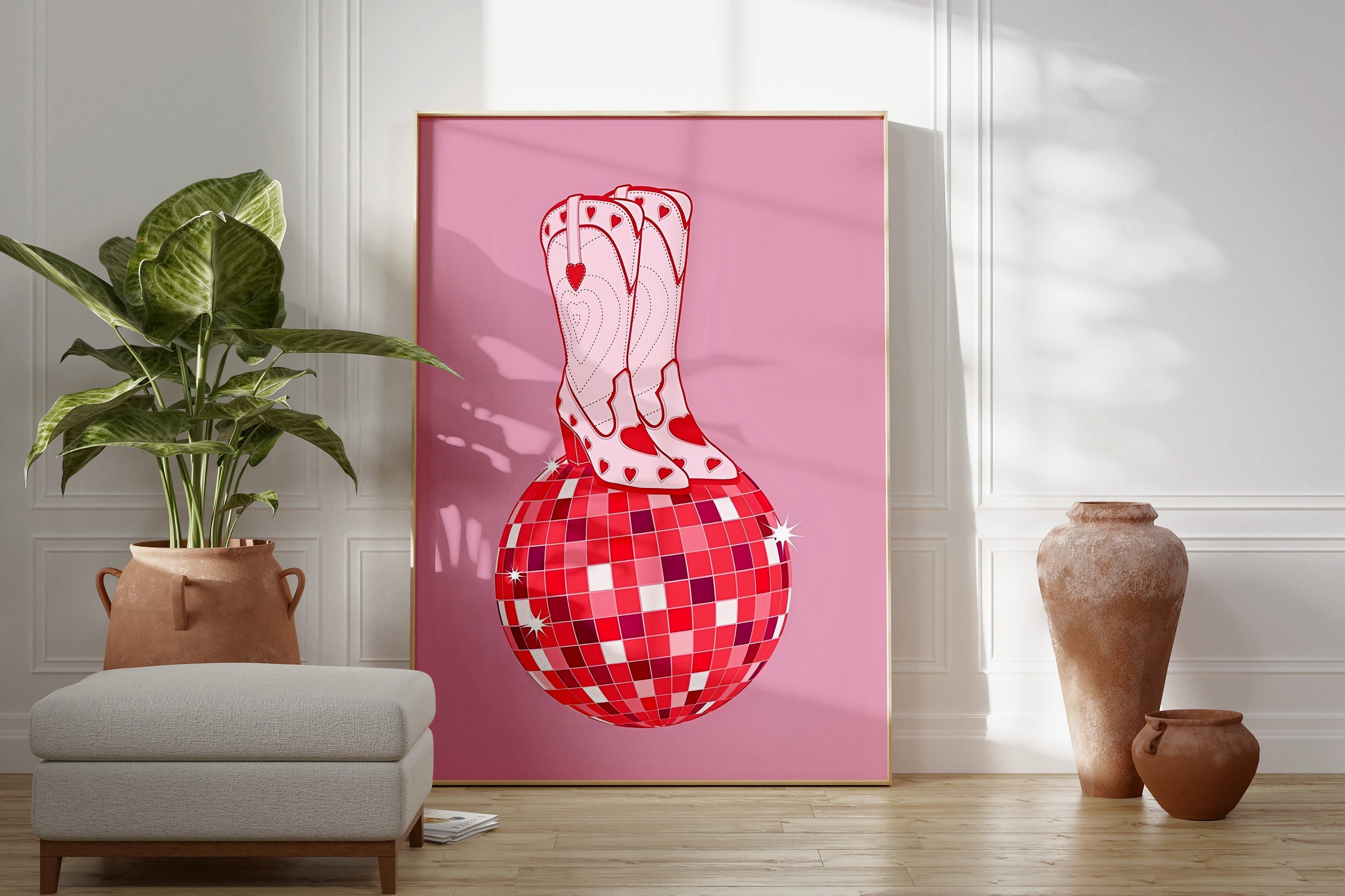 Preppy Disco Ball Poster Western Boots Cowgirl Wall Art Girly Dorm Room ...
