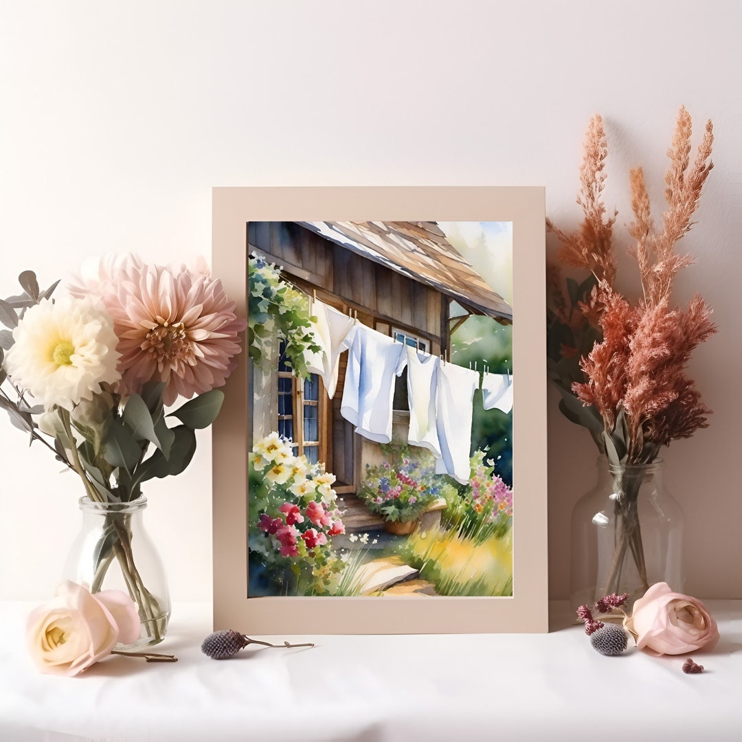 Laundry Room Print, Watercolor Art, Vintage Flower Garden Painting ...