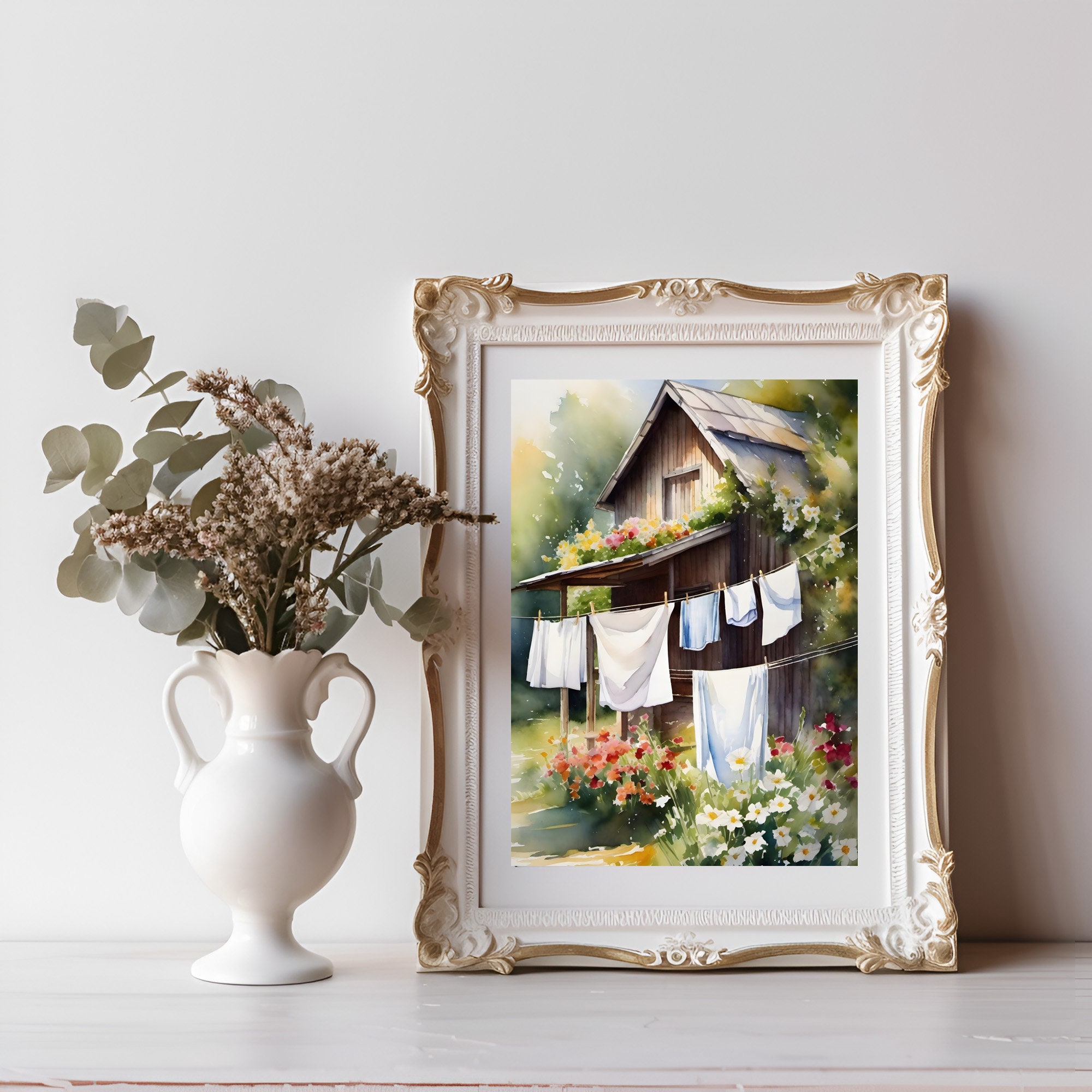 Laundry Room Print, Watercolor Art, Vintage Flower Garden Painting ...