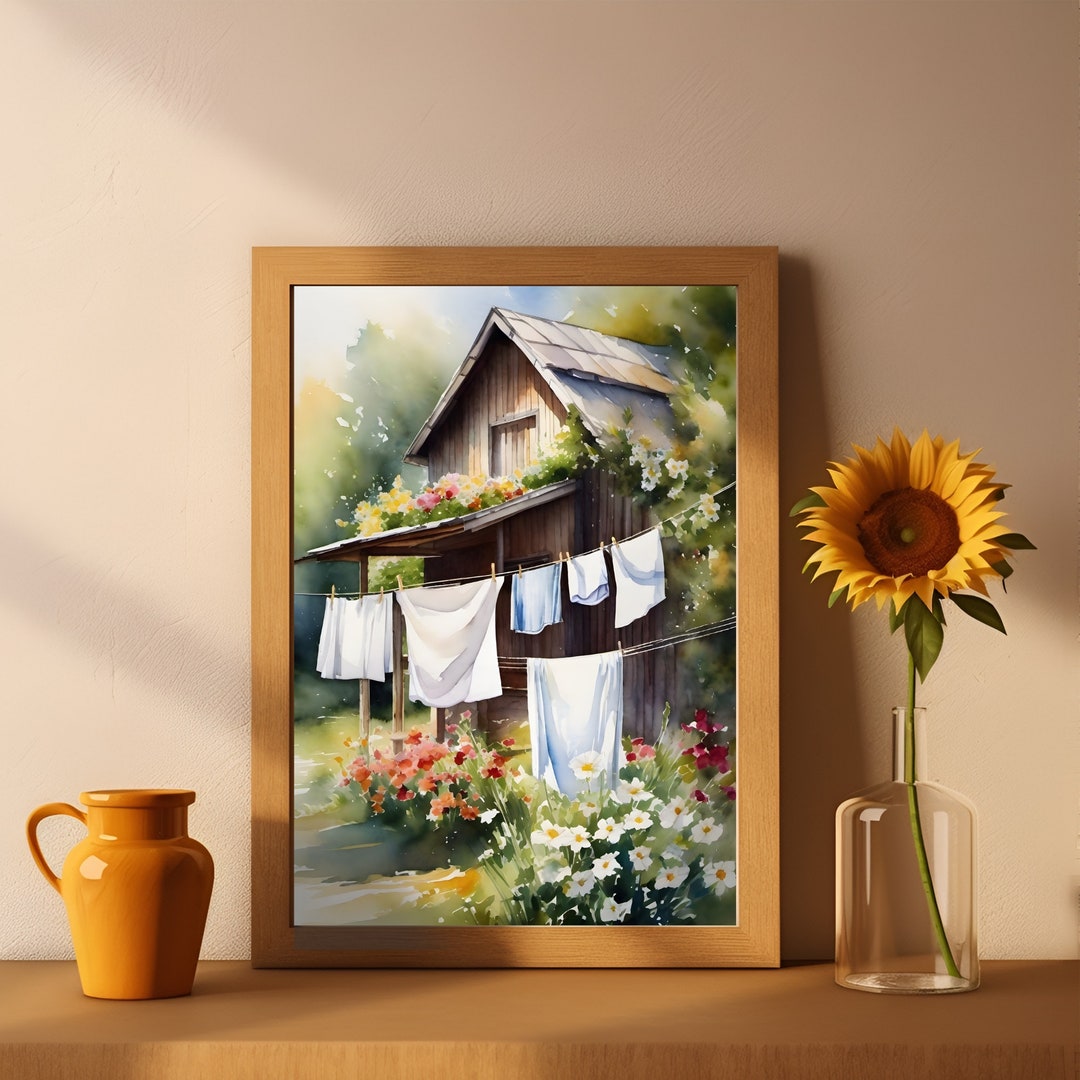 Laundry Room Print, Watercolor Art, Vintage Flower Garden Painting ...