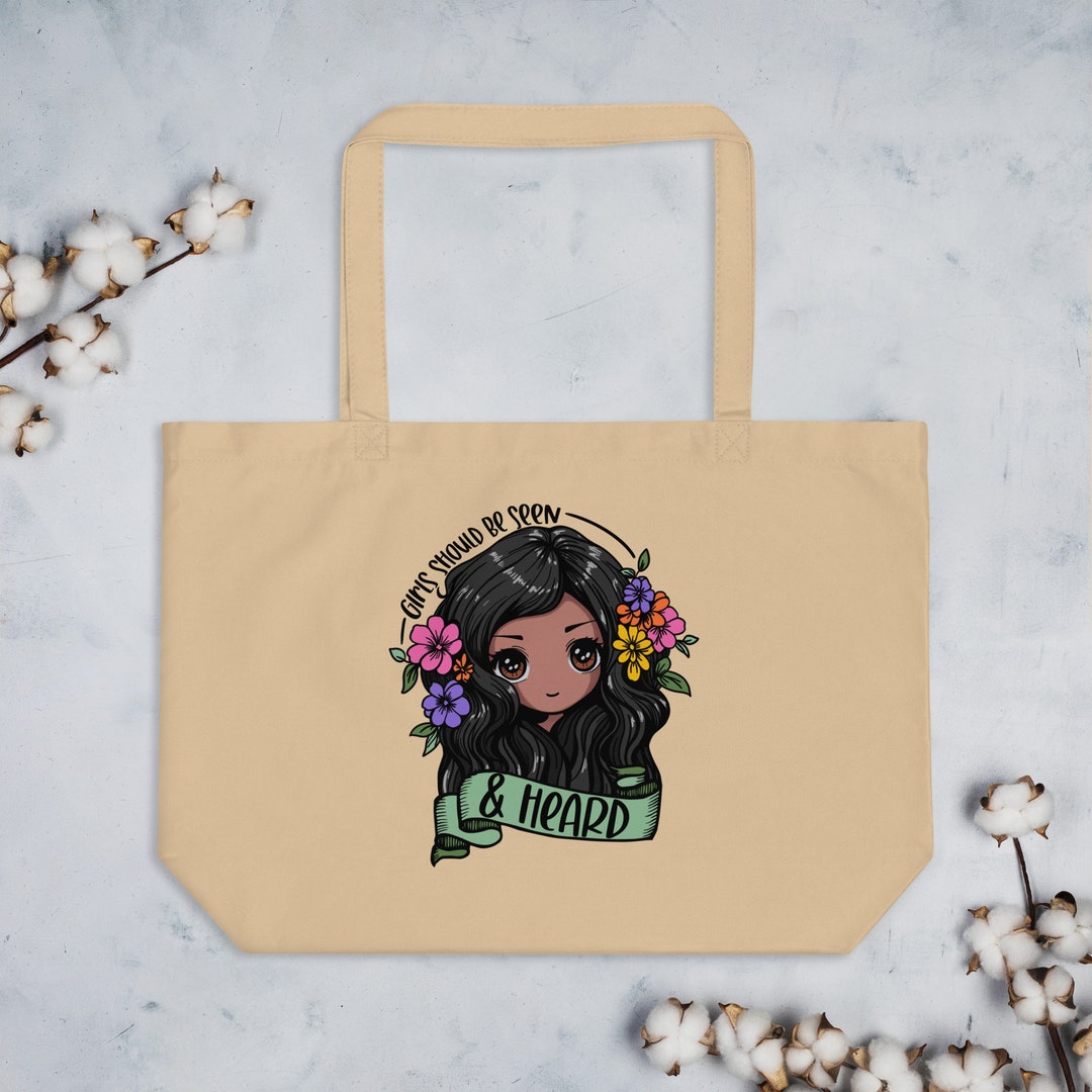 Girls Womens Floral Chibi Manga Art Seen and Heard Library Bag Large ...