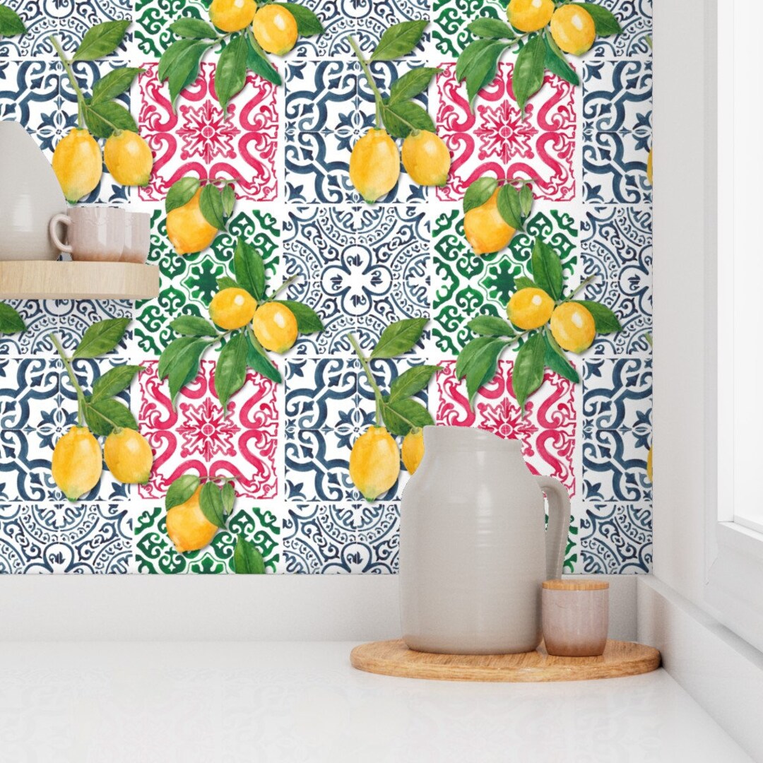 Lemons on Moroccan Tiles Wallpaper on White Wallpaper Pre - Etsy