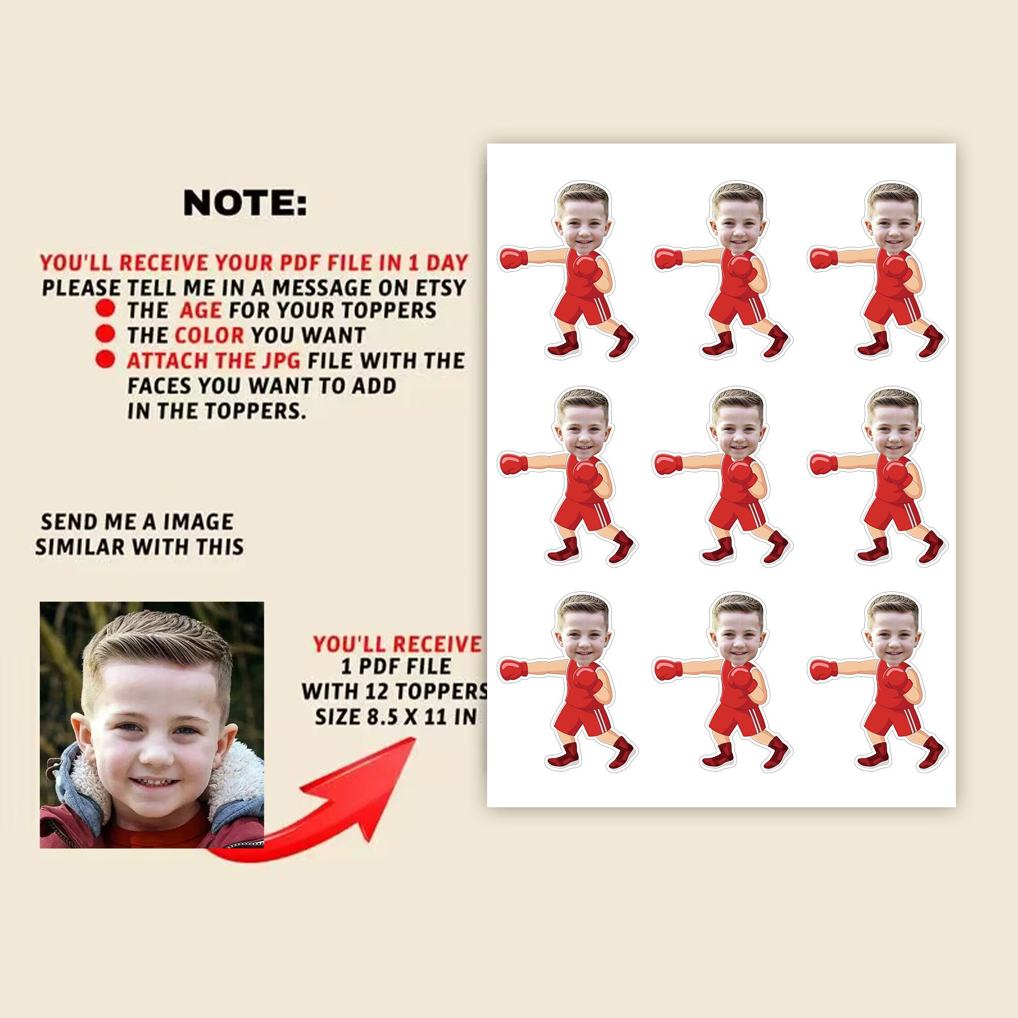 Custom Photo Cupcake Toppers Printable, Boxing Birthday Face Cupcake ...