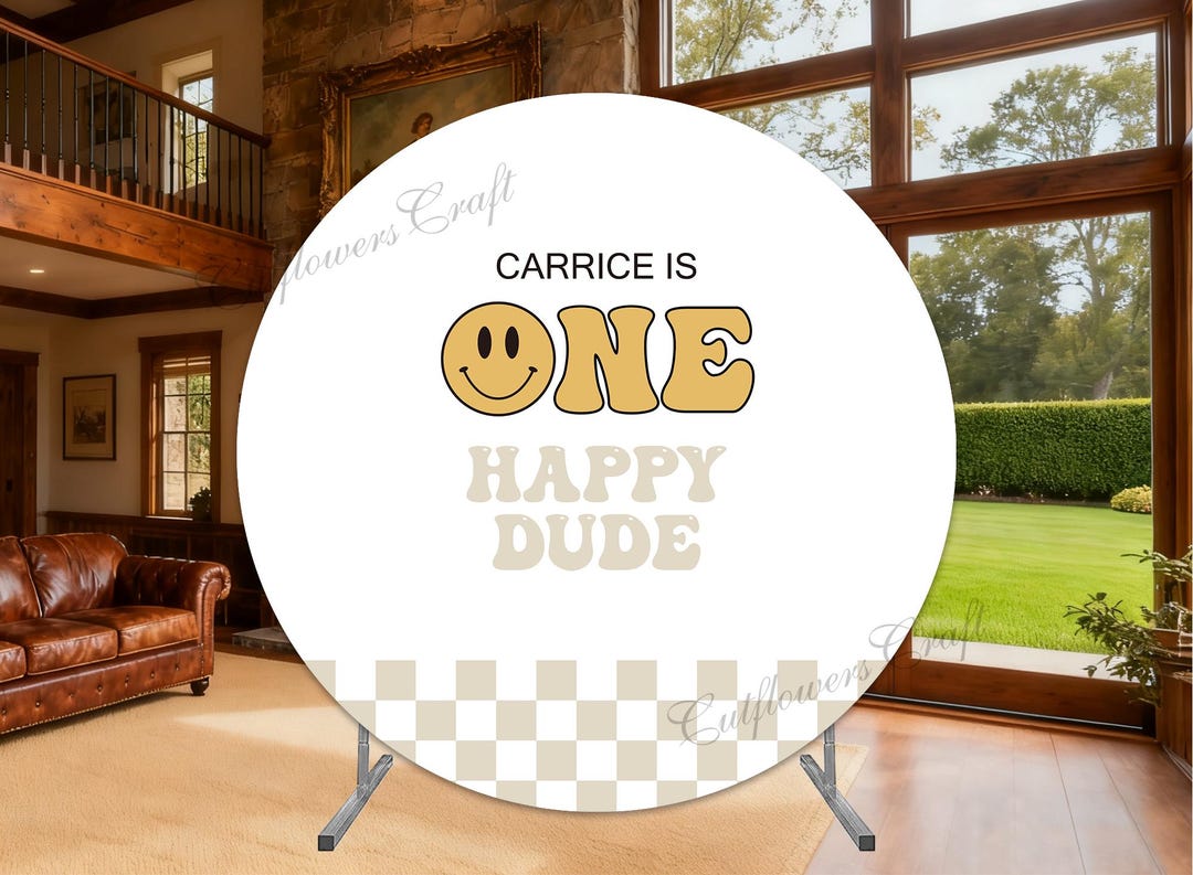 One Happy Dude Check Smile Face Birthday Round Backdrop Cover： Beige ...