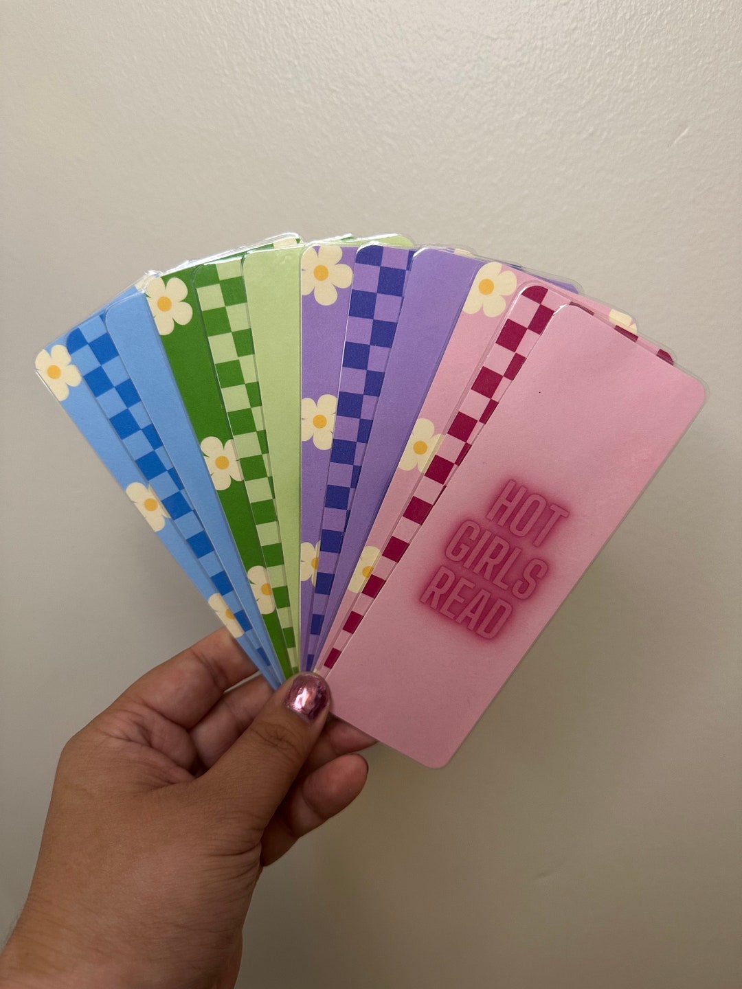 Hot Girl Read | Checkered Wink Smiley Face | Floral | Blue | Pink ...