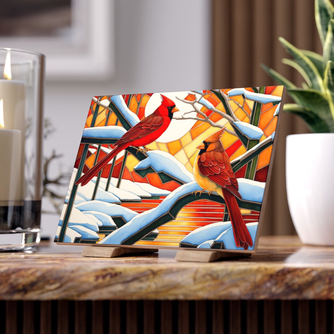Cardinal Pair Tile Red and Yellow Bird Snowy Sunset Stained - Etsy