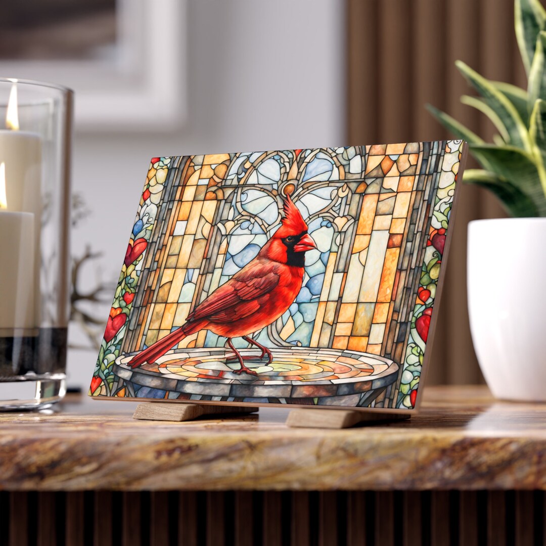 Stained Glass Cardinal on Birdbath Decorative Ceramic Tile | Gift for ...