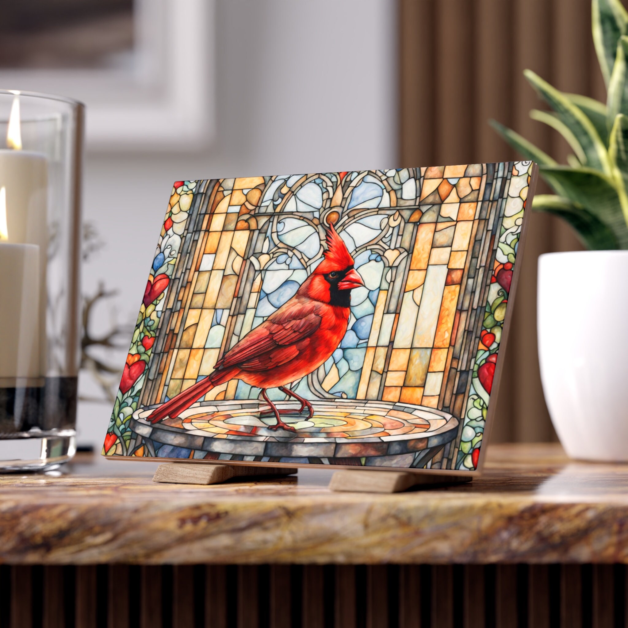 Stained Glass Cardinal on Birdbath Decorative Ceramic Tile Gift for ...