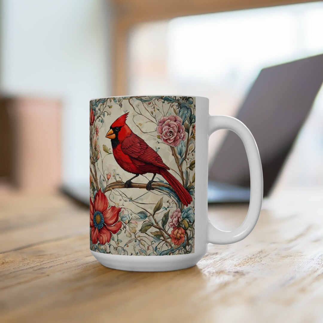 Cardinal Coffee Mug 15oz Floral Watercolor Birds Birthday or Valentine ...