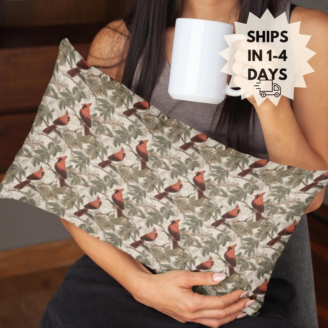 Long Lumbar Pillow Green Foliage Red Cardinal Birds Spun Polyester ...