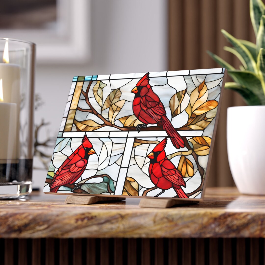Cardinal Tile Stained Glass Panel Look Gift for Bird Lovers - Etsy