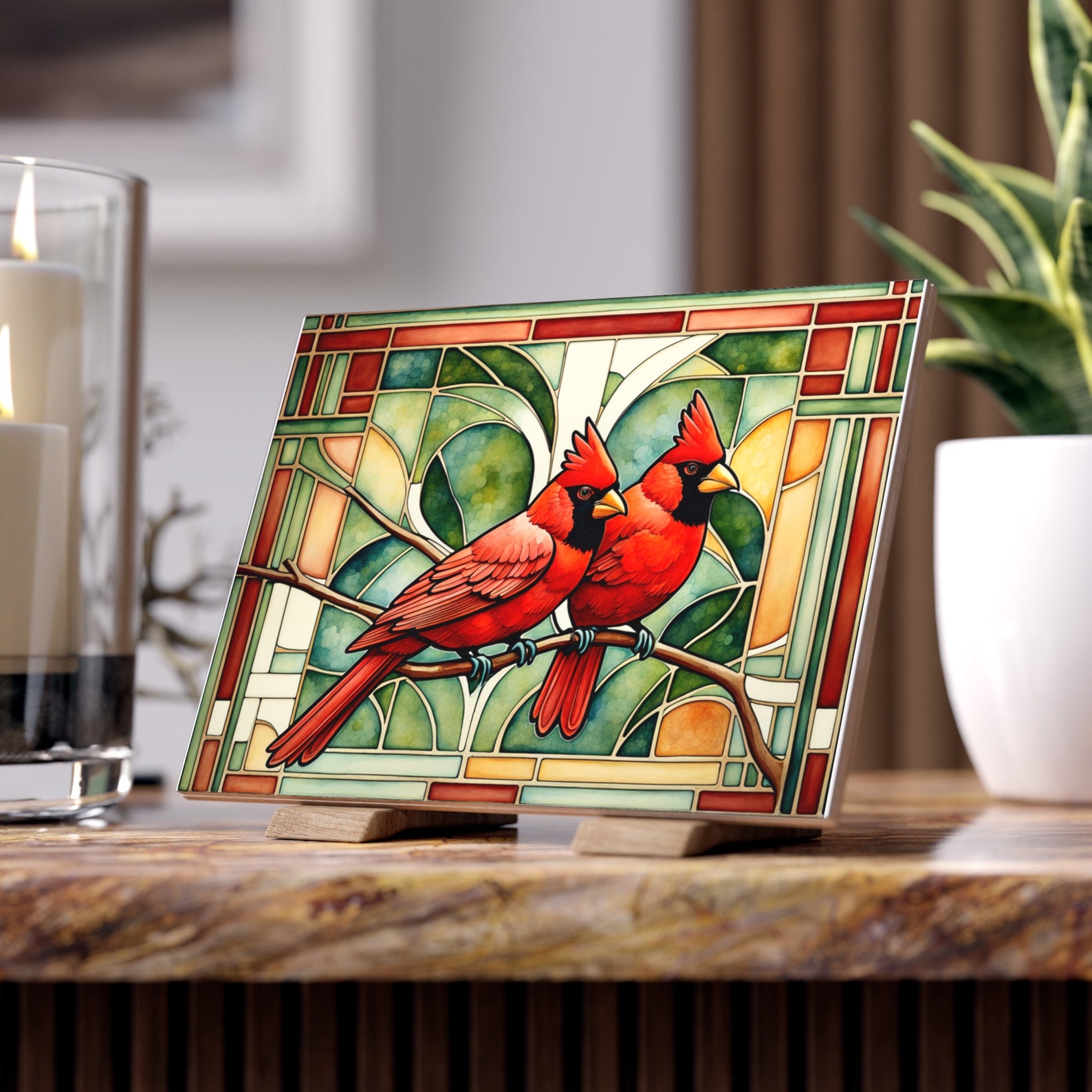 Cardinals Stained Glass Look Tile Gift for Bird Lovers Cardinal Warm ...