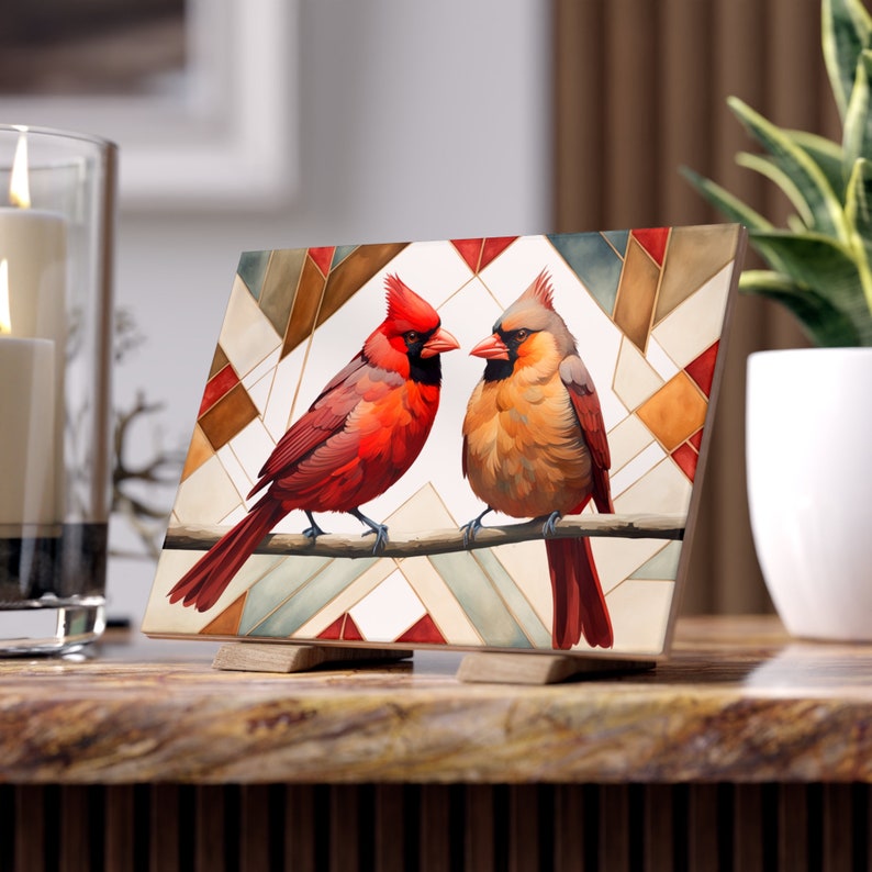 Cardinal Pair Watercolor Stained Glass Mosaic Look Tile Gift for Bird ...