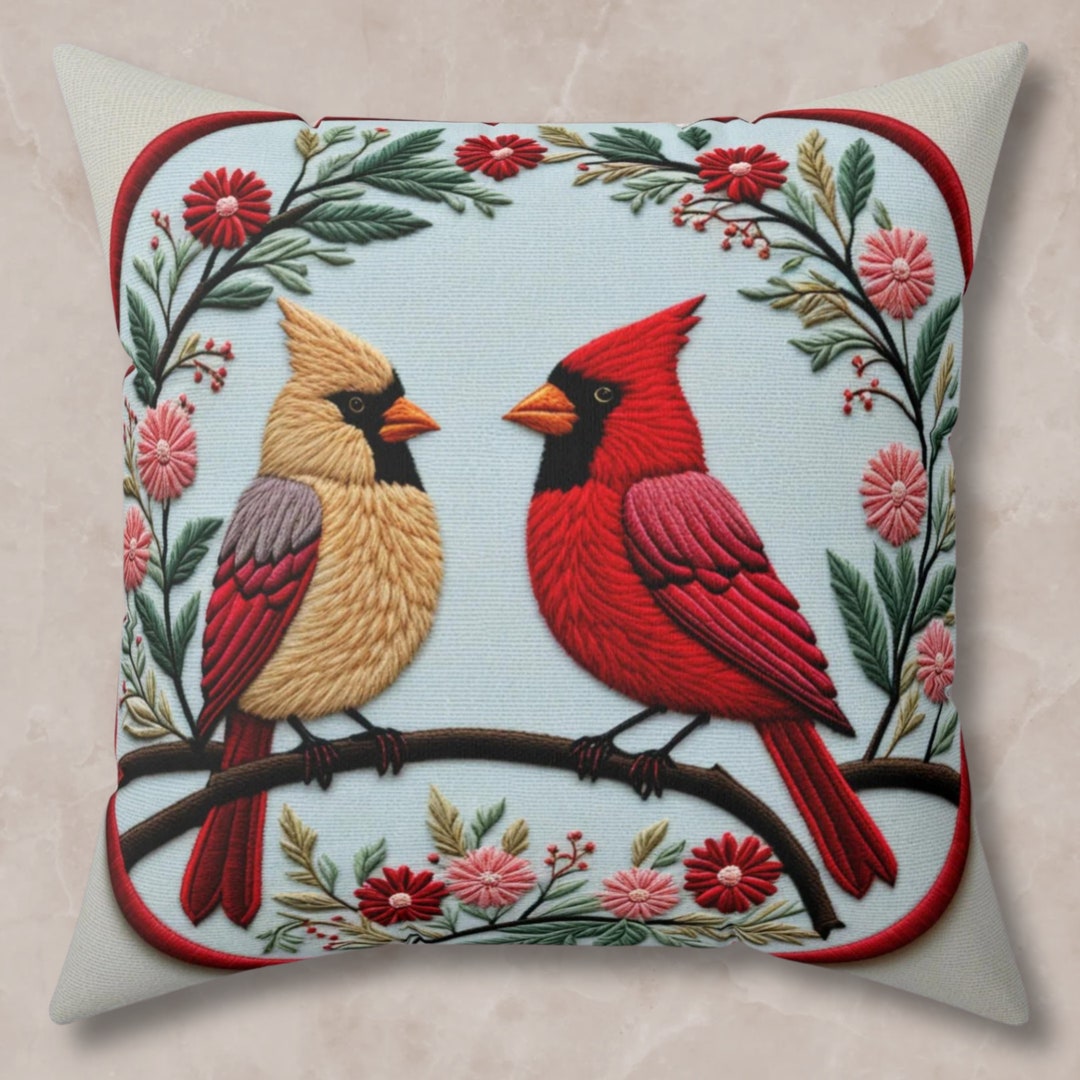 Farmhouse Cardinal Throw Pillow - Embroidered-look Holiday Decor & Best ...
