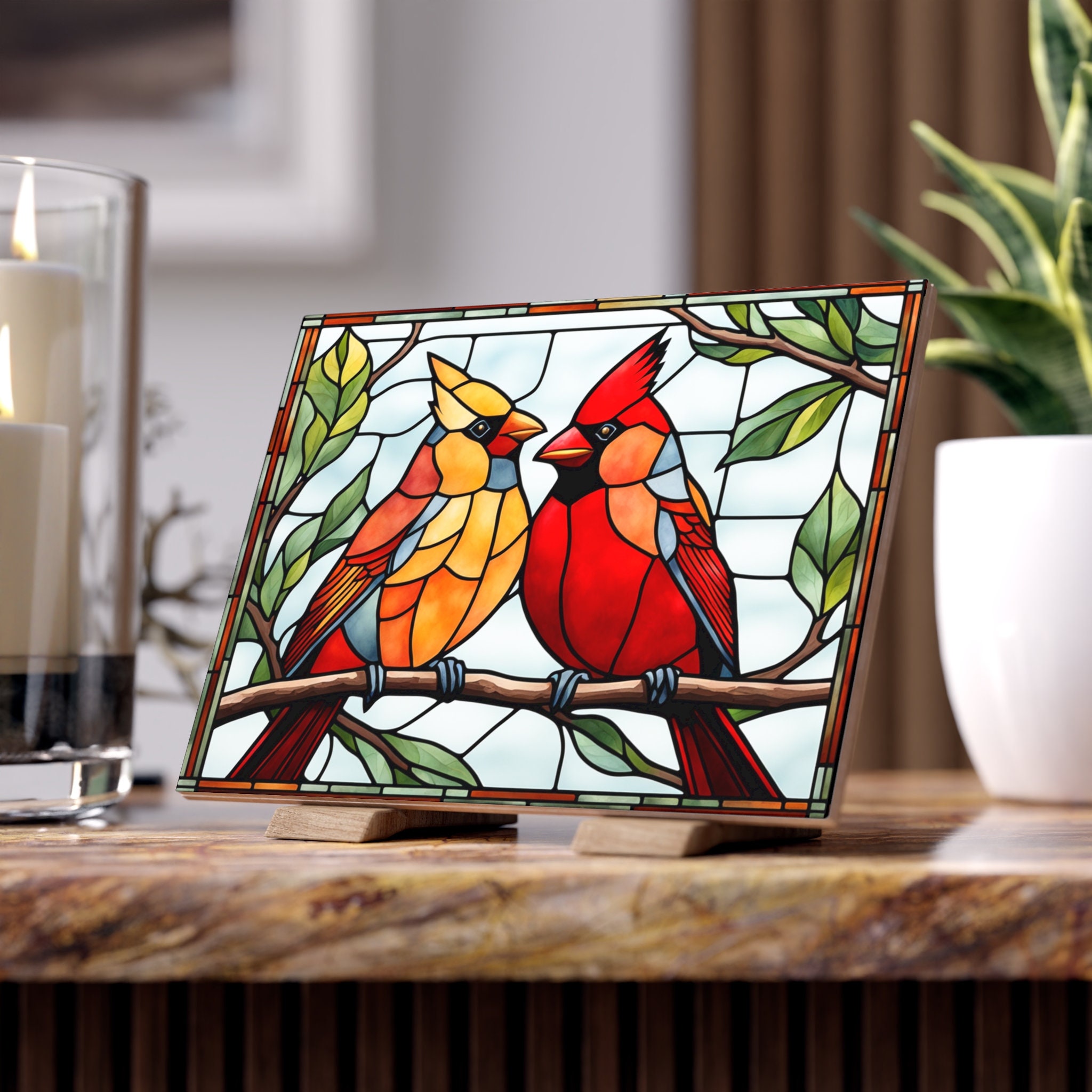 Cardinal Pair Stained Glass Look Tile Gift for Bird Lovers - Etsy