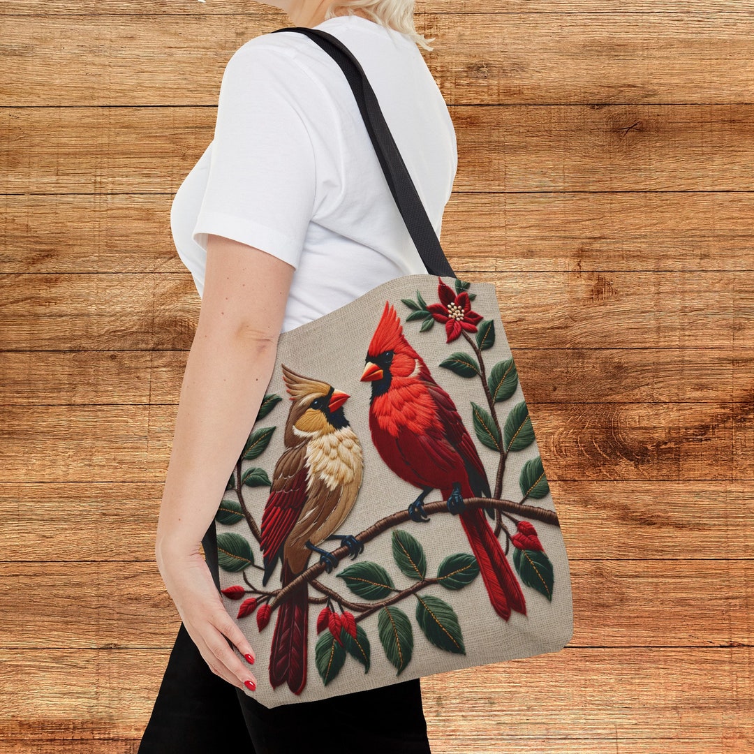 Cardinal Pair Embroidered-look Tote Bag Gift for Her | Red Cardinal ...