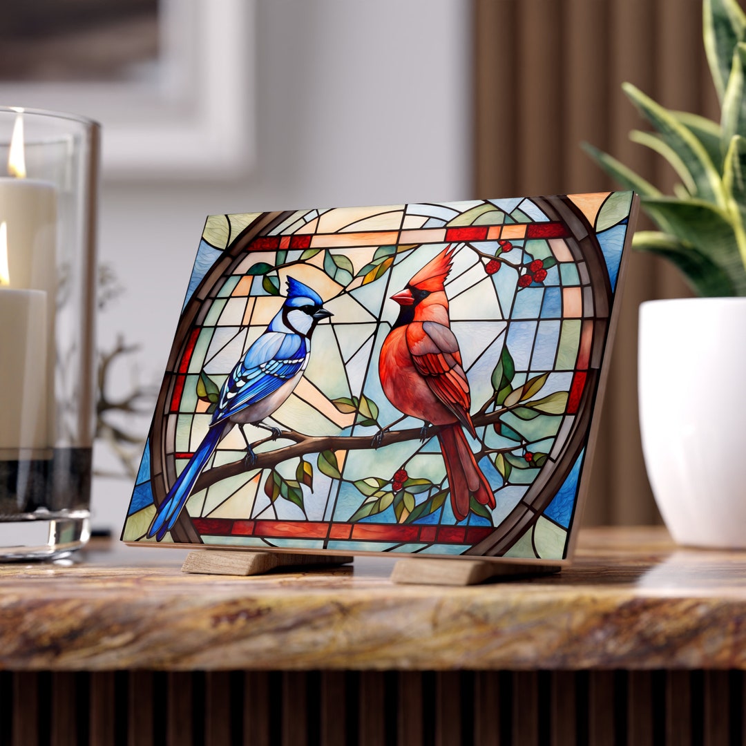 Blue Jay Cardinal Stained Glass Look Ceramic Tile | Original Watercolor ...